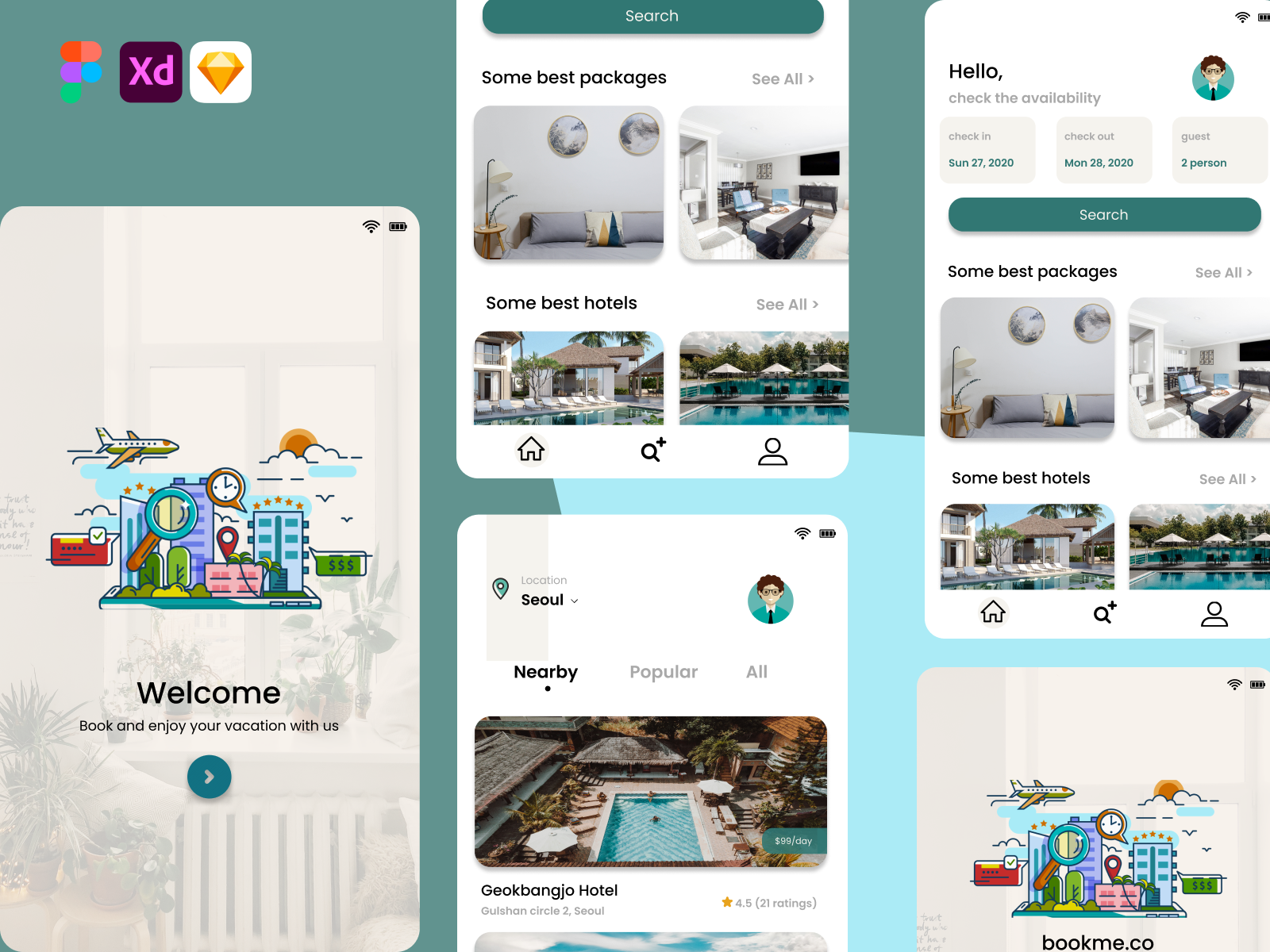 Booking Hotel App freebie for Figma and Adobe XD
