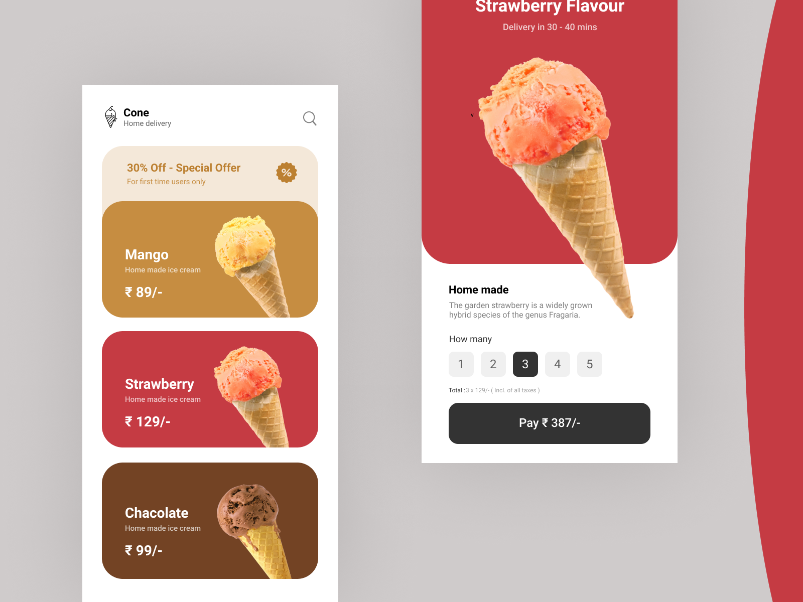 Cone Ice-Cream Delivery App UI Kit freebie for Figma and Adobe XD